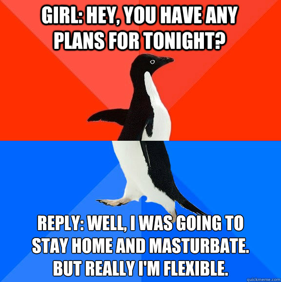 GIRL: Hey, you have any plans for tonight? Reply: Well, I was going to stay home and masturbate ...