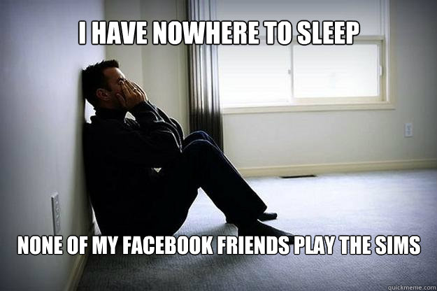 i have nowhere to sleep none of my facebook friends play The sims - First world woes - quickmeme