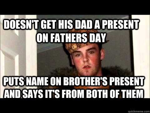 Doesn't get his dad a present on fathers day Puts name on brother's present and says it's from ...