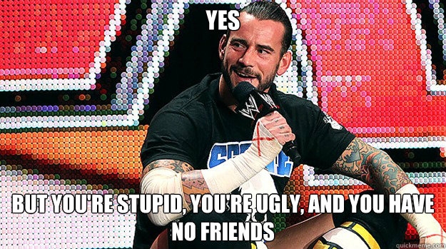 Yes but YOU'Re stupid, you're ugly, and you have no friends - CM Punk Pipebomb - quickmeme