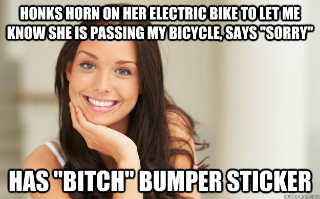 honks horn on her electric bike to let me know she is passing my bicycle, says "sorry" has ...