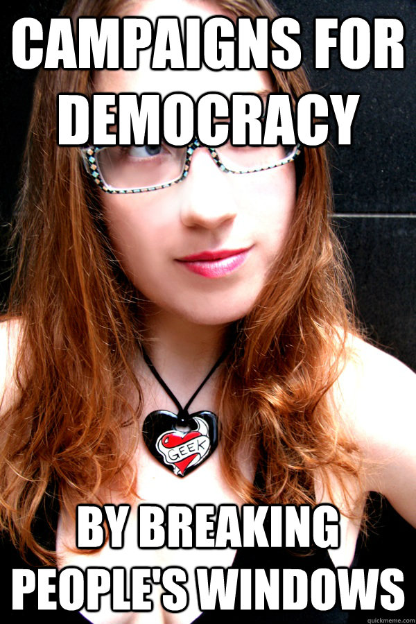 Campaigns for democracy By breaking people's windows - Scumbag Feminist - quickmeme