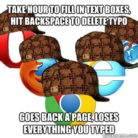 Take hour to fill in text boxes, hit backspace to delete typo Goes back a page, loses everything ...