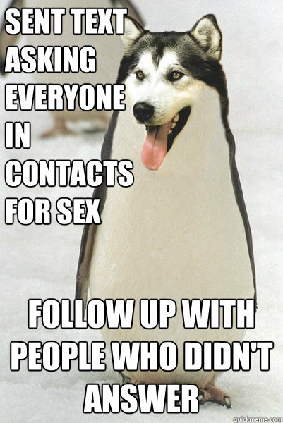 sent text asking everyone in contacts for sex follow up with people who didn't answer ...