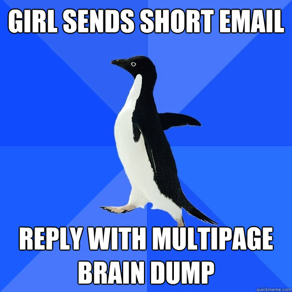 girl sends short email reply with multipage brain dump - Socially Awkward Penguin - quickmeme