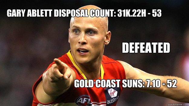 Gary ablett disposal count: 31k.22h - 53 defeated gold coast suns: 7.10 - 52 - Gary Ownage ...