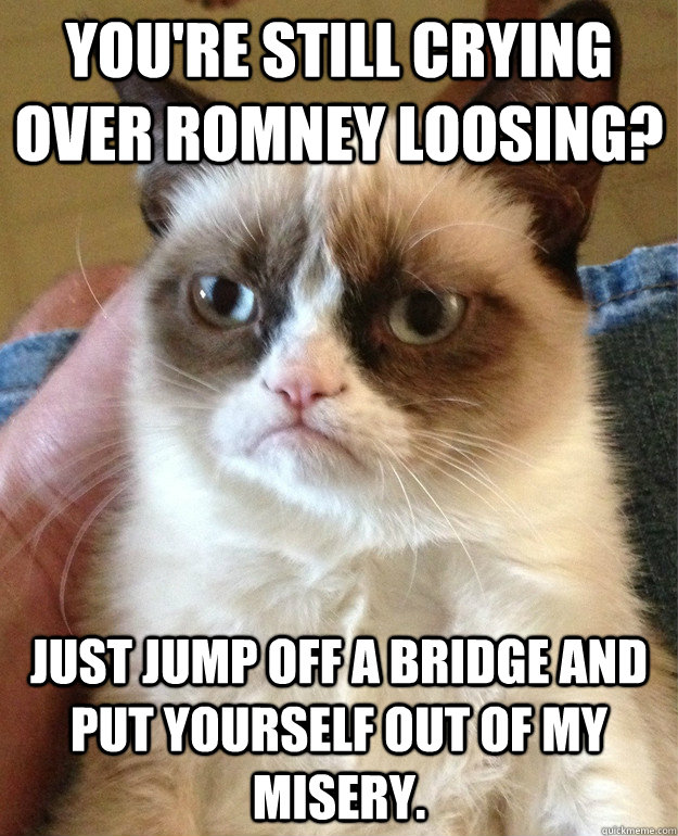 You're still crying over Romney loosing? Just jump off a bridge and put yourself out of my ...