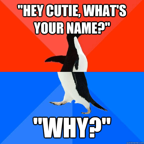 "Hey Cutie, What's your name?" "Why?" - Socially Awesome Awkward Penguin - quickmeme