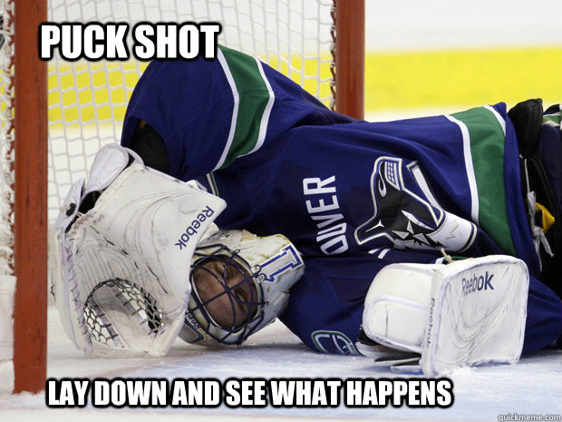 puck shot lay down and see what happens - Fail Luongo - quickmeme
