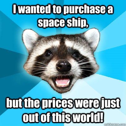 I wanted to purchase a space ship, but the prices were just out of this world! - Lame Pun Coon ...