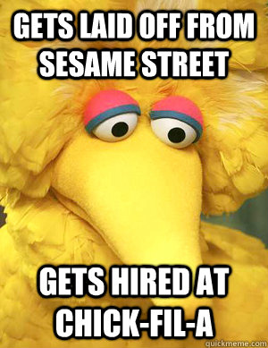 Gets laid off from Sesame Street Gets hired at Chick-fil-A - Bad Luck Big Bird - quickmeme