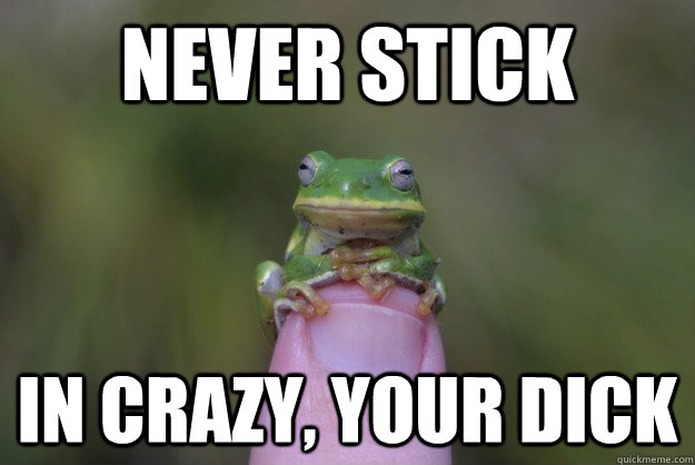 never stick in crazy, your dick - Wise Frog - quickmeme