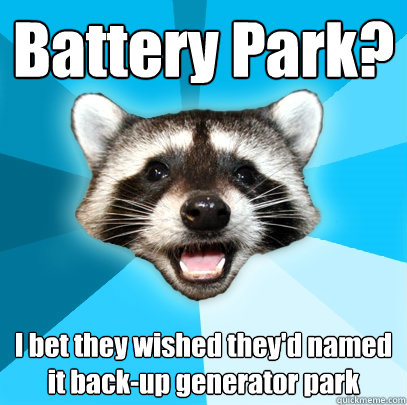 Battery Park? I bet they wished they'd named it back-up generator park - Lame Pun Coon - quickmeme