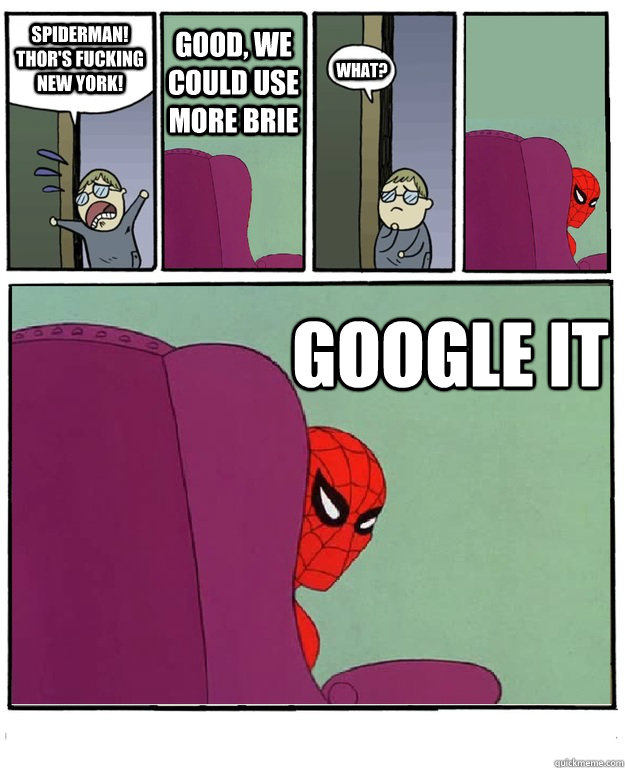 Spiderman! thor's fucking new york! good, we could use more brie what? google it - Stare Spidey ...