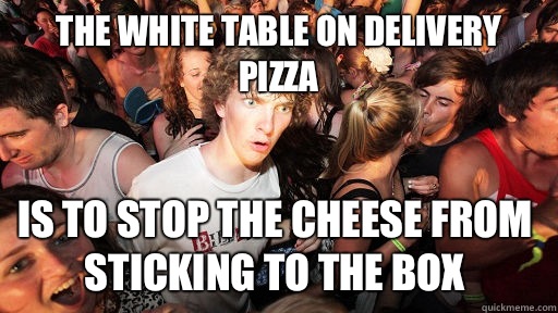 The white table on delivery pizza is to stop the cheese from sticking to the box - Sudden ...