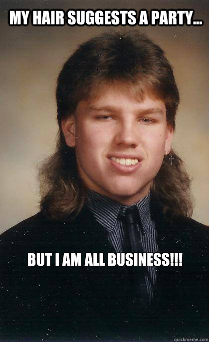My Hair suggests a party... But I am all business!!! - Mullet Vic - quickmeme
