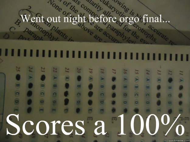 Went out night before orgo final... Scores a 100% - Ghendo Memes - quickmeme