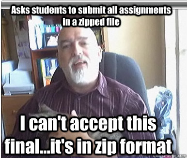 Asks students to submit all assignments in a zipped file I can't accept this final...it's in zip ...