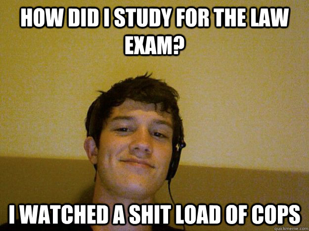 how did i study for the law exam? i watched a shit load of cops - Stitt Meme 1 - quickmeme