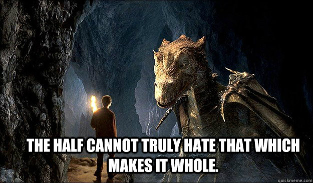 The half cannot truly hate that which makes it whole. - The Great Dragons wise words - quickmeme