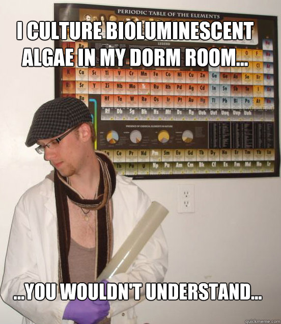 I culture bioluminescent algae in my dorm room... ...you wouldn't understand... - Hipster ...
