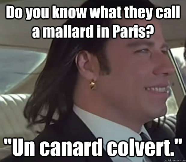 Do you know what they call a mallard in Paris? "Un canard colvert." - Vincent Vega, Translator ...