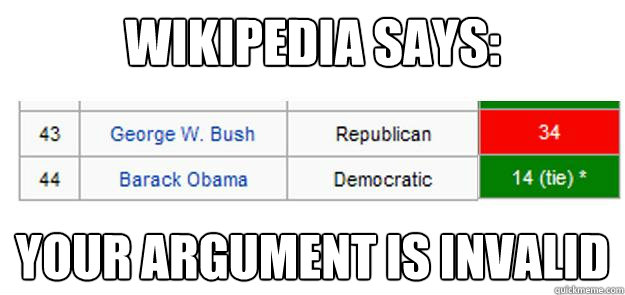 Wikipedia says: Your Argument is Invalid - Wikipedia Argument Invalid - quickmeme