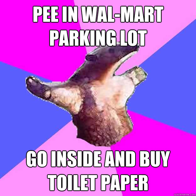 Pee in Wal-Mart Parking lot go inside and buy toilet paper - Property Damage Anteater - quickmeme