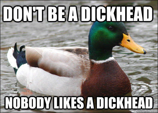 don't be a dickhead nobody likes a dickhead - Actual Advice Mallard - quickmeme