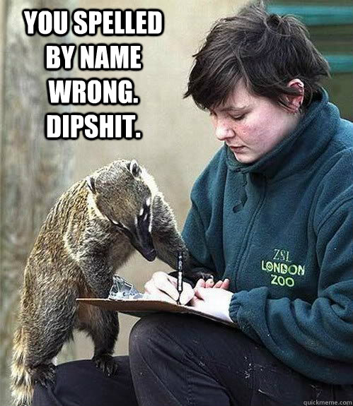 You spelled by name wrong. Dipshit. - Angry Aardvark - quickmeme