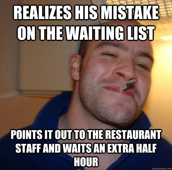 Realizes his mistake on the waiting list Points it out to the restaurant staff and waits an ...