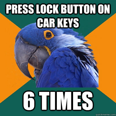 Press lock button on car keys 6 times - Paranoid Parrot - quickmeme