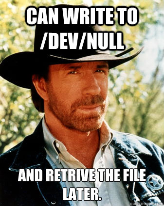 Can write to /dev/null And retrive the file later. - Realistc Chuck Norris - quickmeme