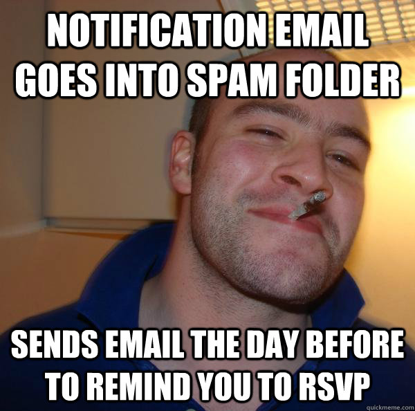 Notification email goes into spam folder Sends email the day before to remind you to RSVP - Misc ...