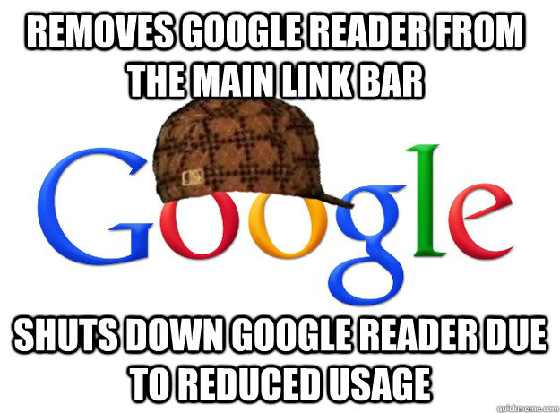 Removes Google Reader from the main link bar Shuts down Google Reader due to reduced usage ...