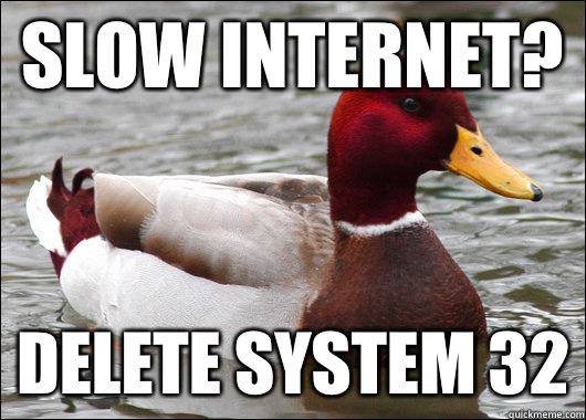 Slow Internet? Delete system 32 - Malicious Advice Mallard - quickmeme