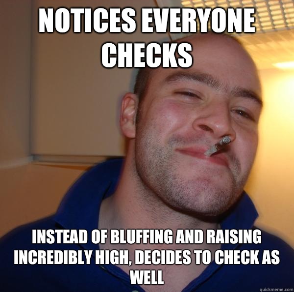 Notices everyone checks Instead of bluffing and raising incredibly high, decides to check as ...
